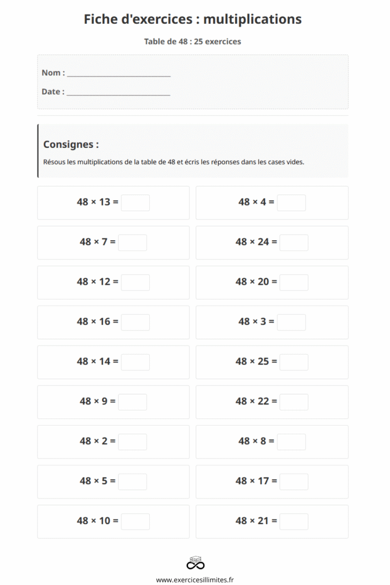 Table de multiplication de 48 – Exercices et évaluation