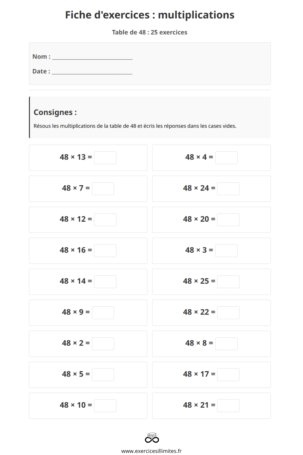 Table de multiplication de 48 – Exercices et évaluation