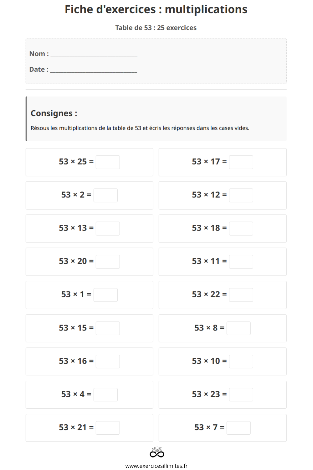 Table de multiplication de 53 – Exercices et évaluation