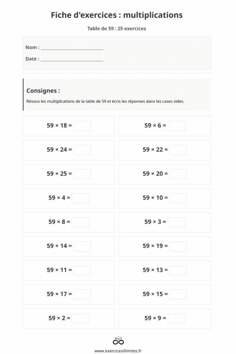 Table de multiplication de 59 – Exercices et évaluation