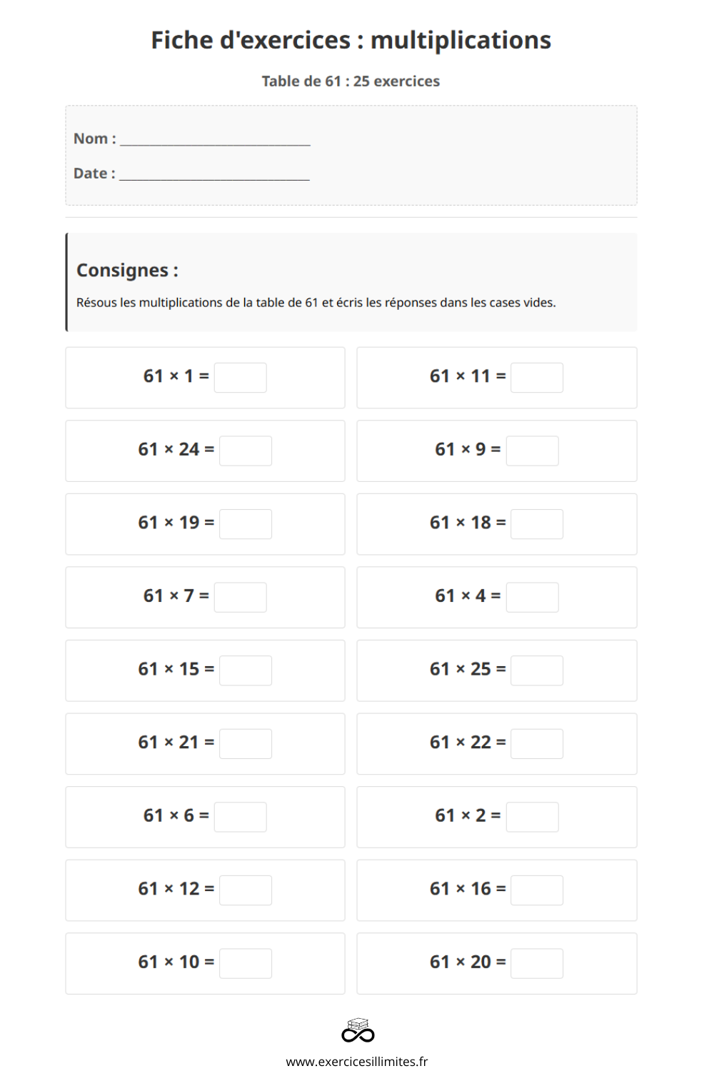 Table de multiplication de 61 – Exercices et évaluation