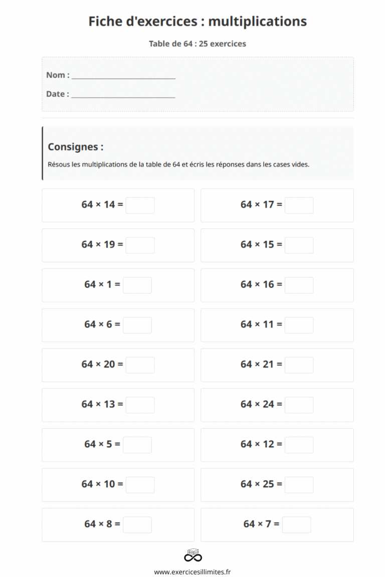 Table de multiplication de 64 – Exercices et évaluation