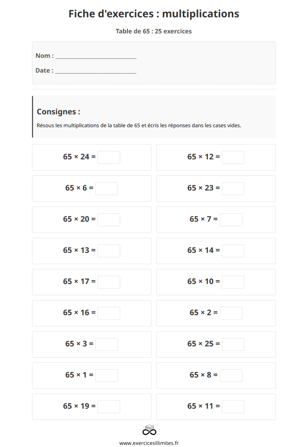 Table de multiplication de 65 – Exercices et évaluation