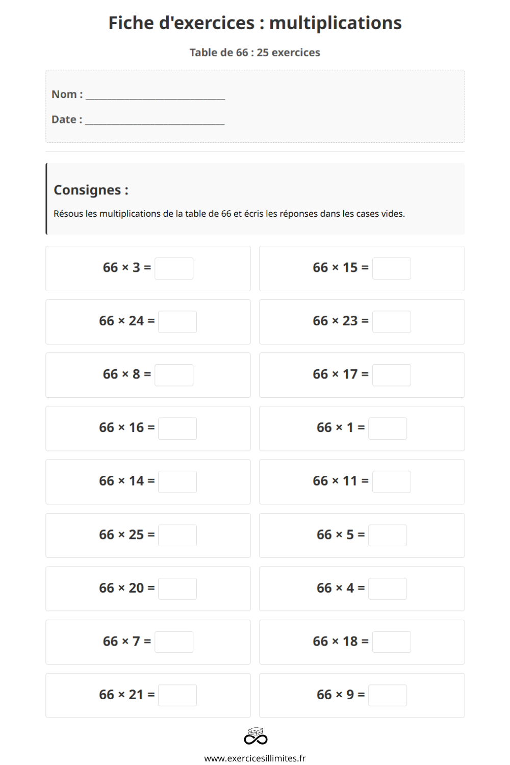 Table de multiplication de 66 – Exercices et évaluation