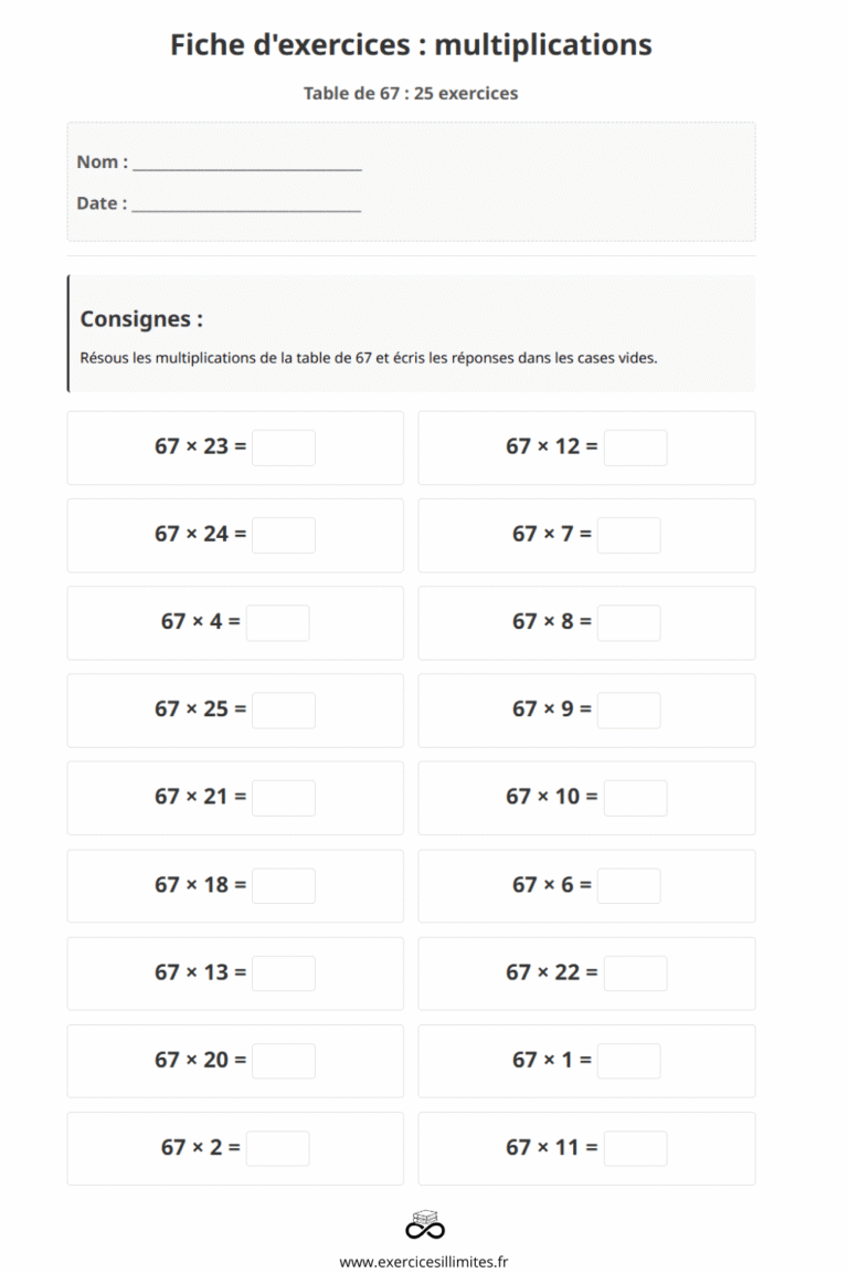 Table de multiplication de 67 – Exercices et évaluation