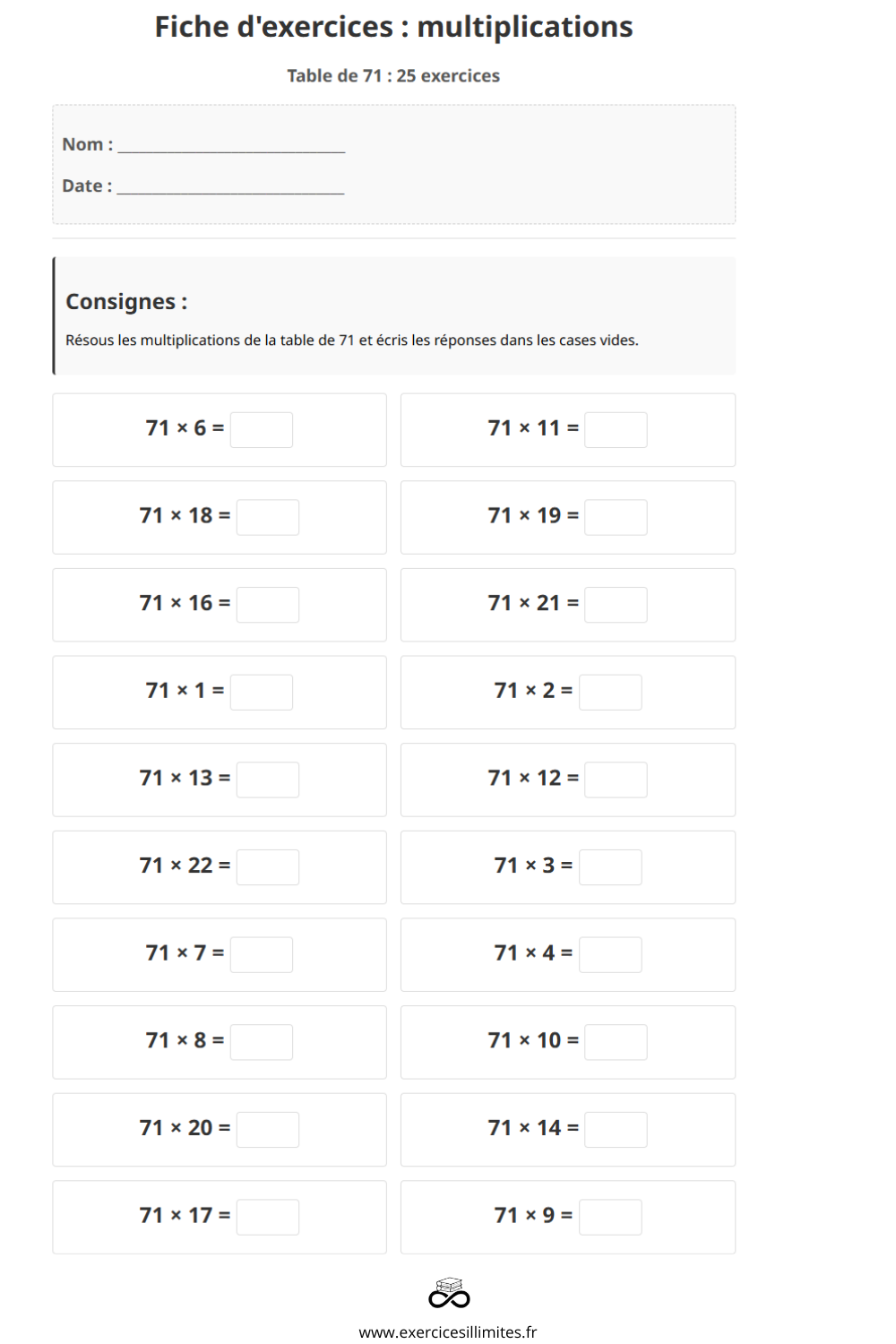 Table de multiplication de 71 – Exercices et évaluation