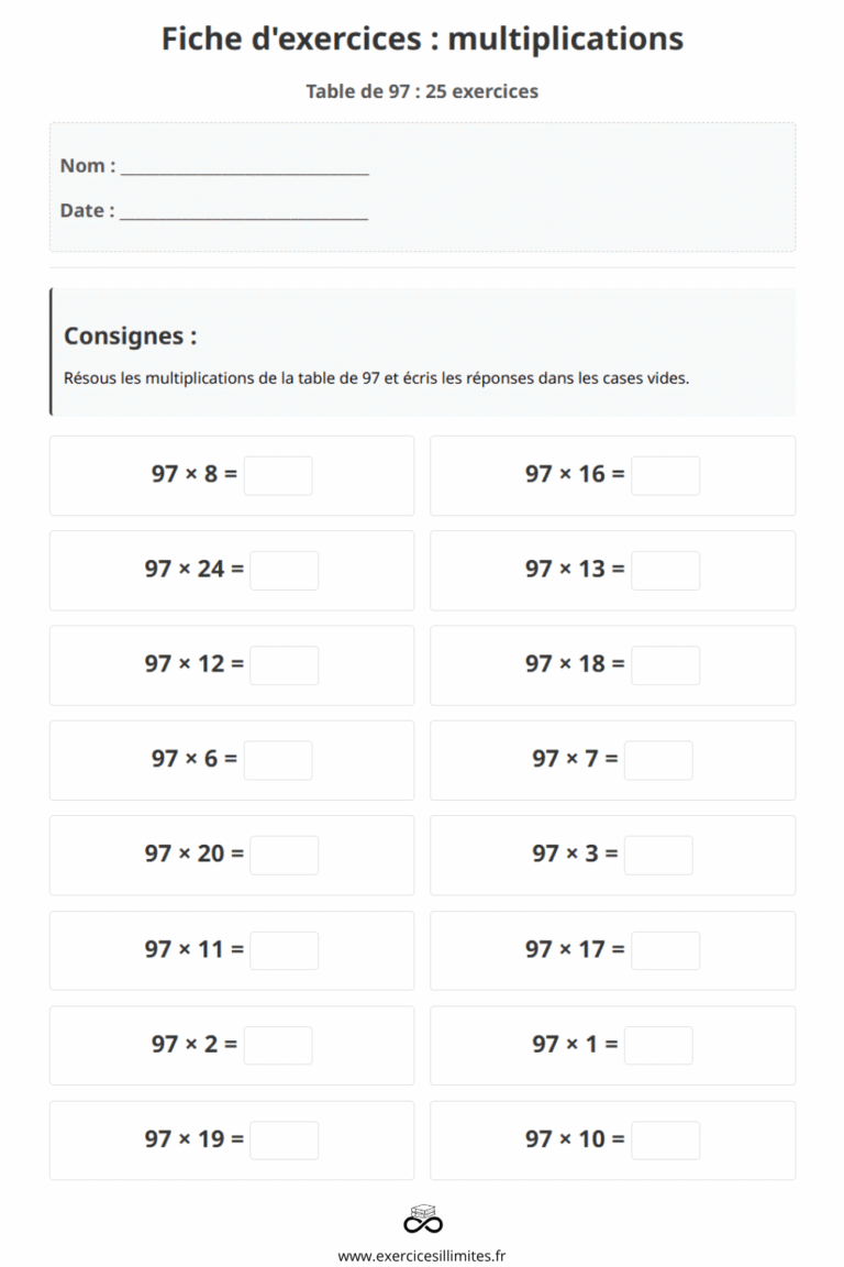 Table de multiplication de 97 – Exercices et évaluation
