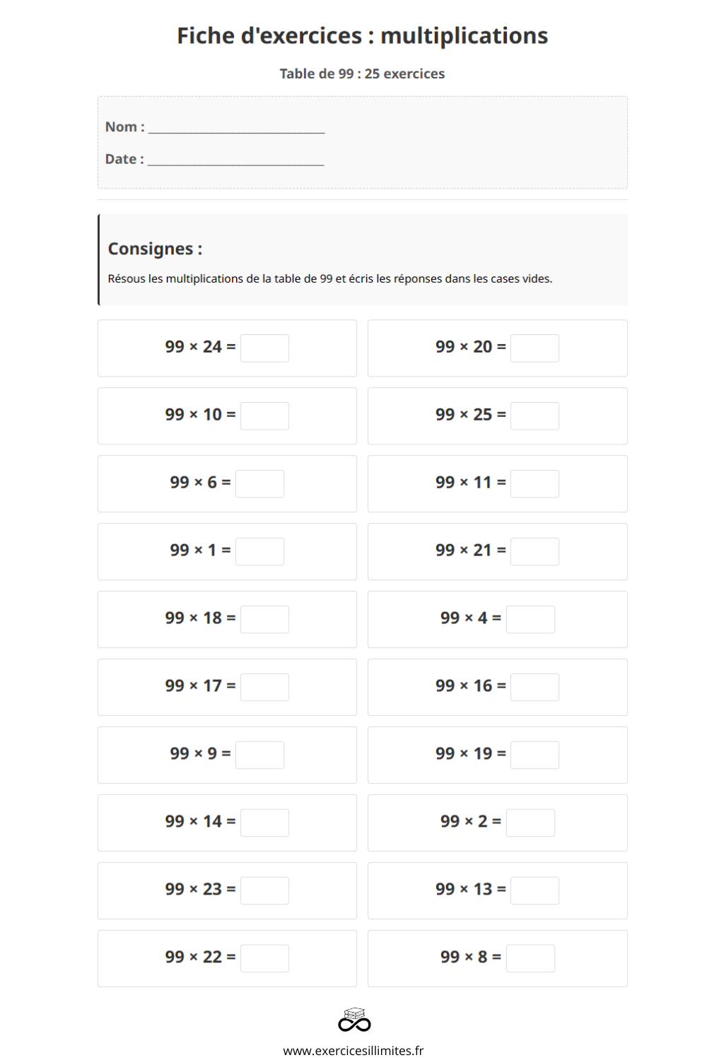 Table de multiplication de 99 – Exercices et évaluation