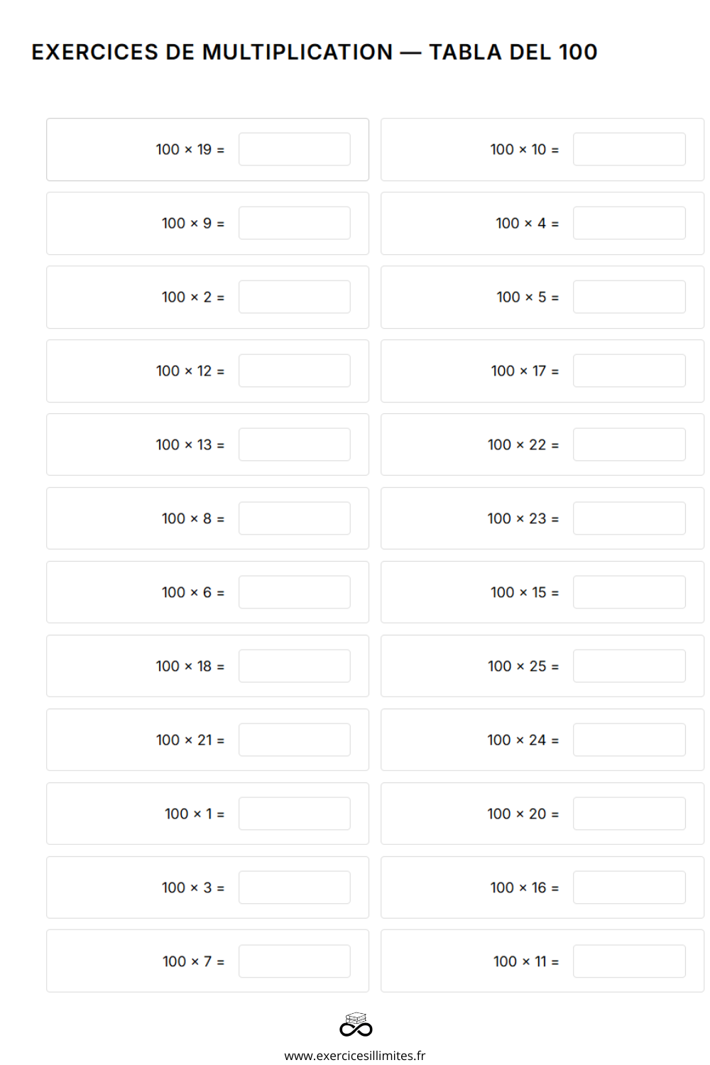 Table de multiplication de 100 – Exercices et évaluation