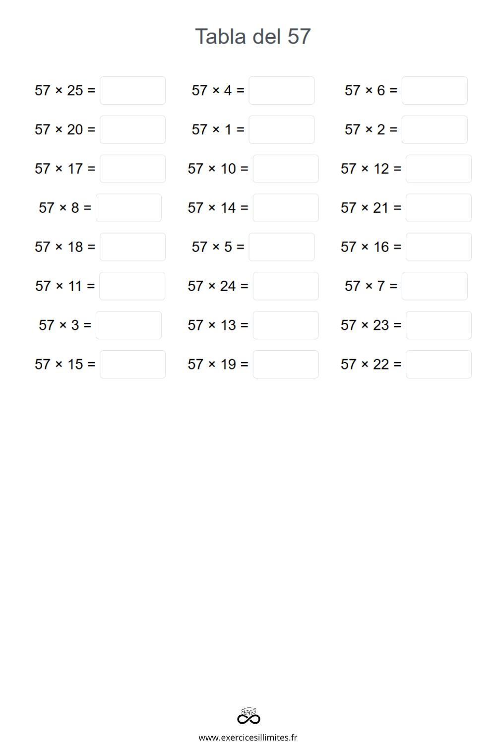 Table de multiplication de 57 – Exercices et évaluation