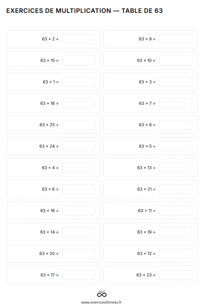 Table de multiplication de 63 – Exercices et évaluation