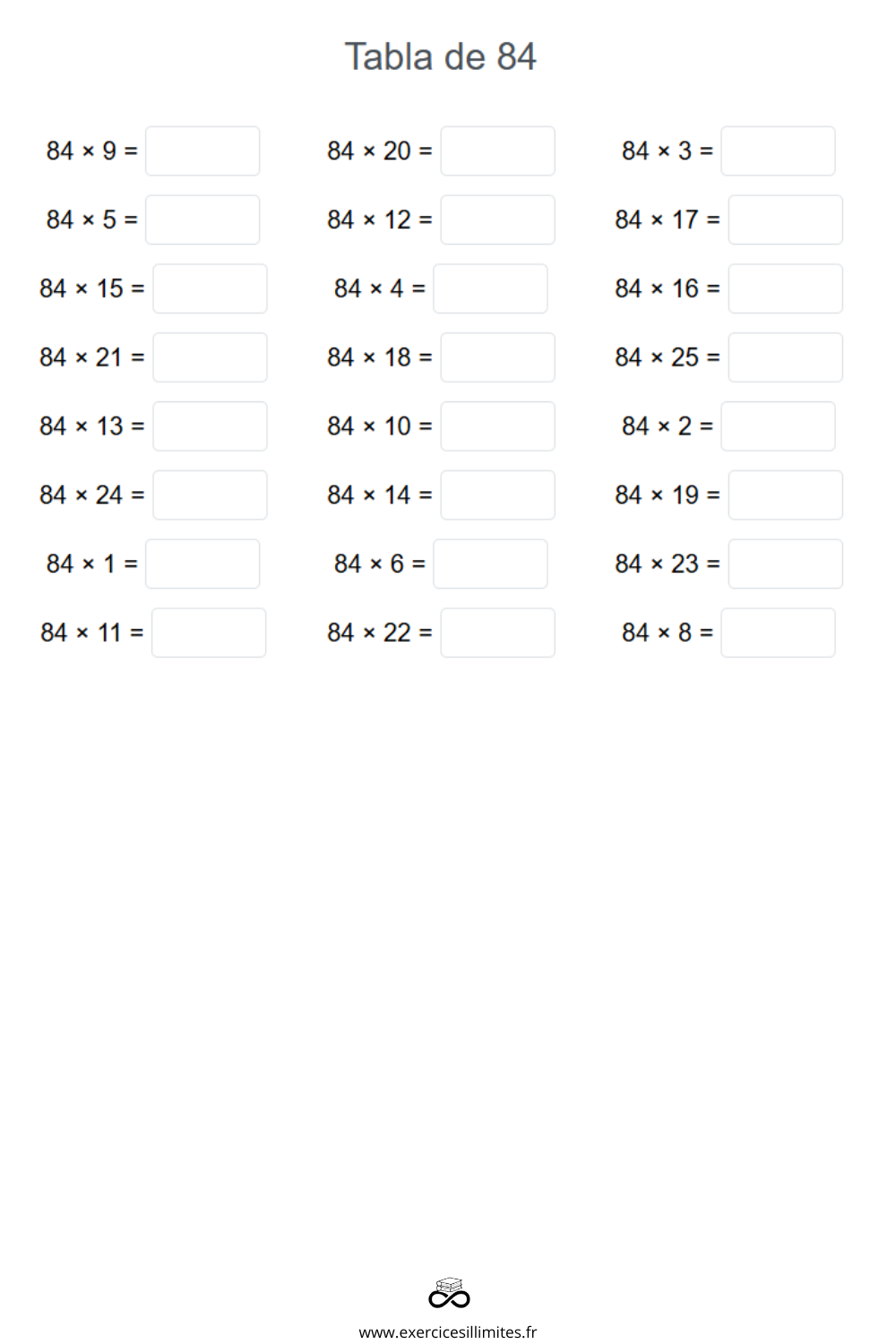Table de multiplication de 84 – Exercices et évaluation