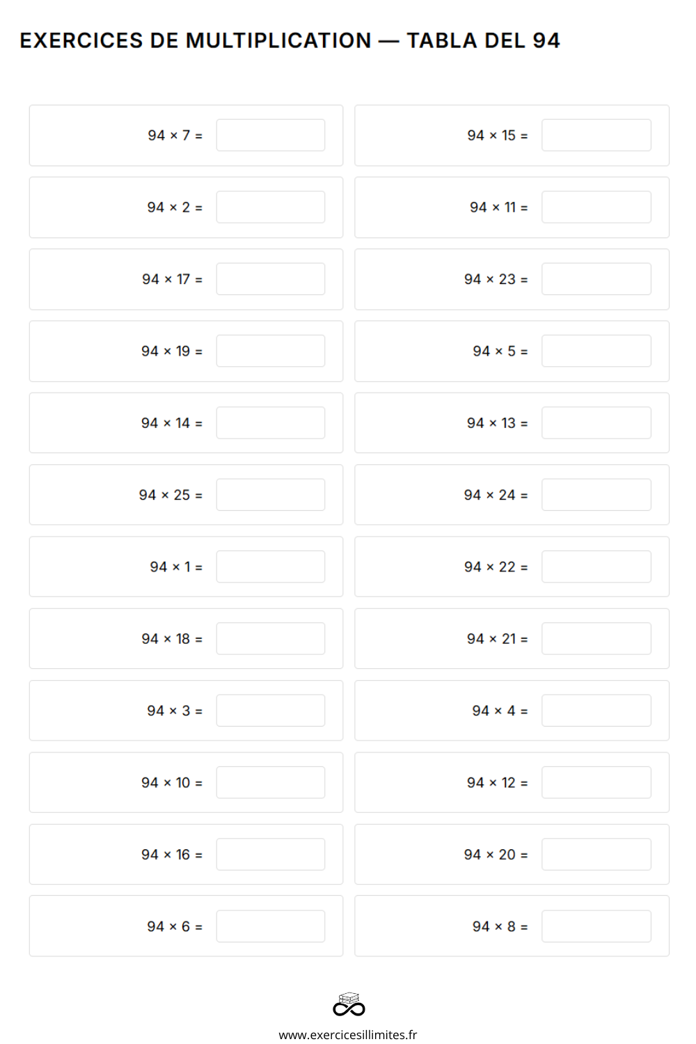 Table de multiplication de 94 – Exercices et évaluation